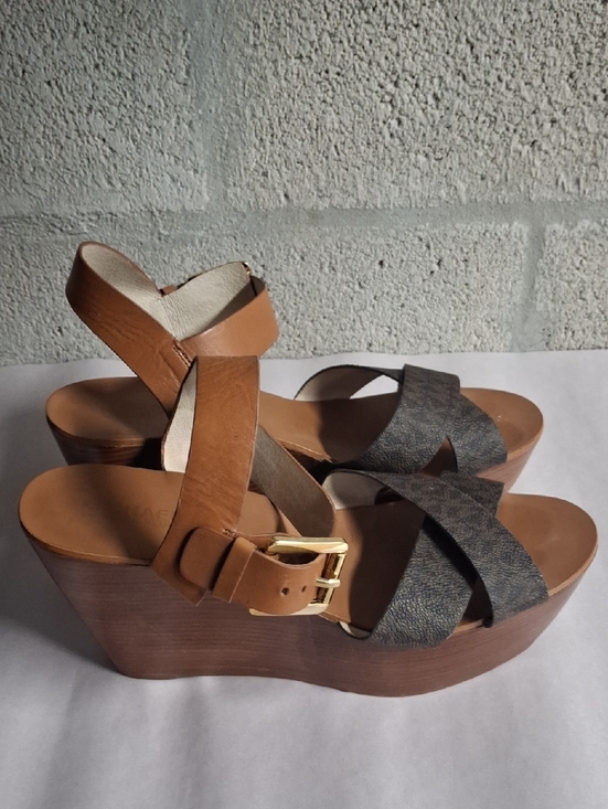 Michael Kors | Shoes | Michael Kors Tan Leather And Crossstrap Wedge ...